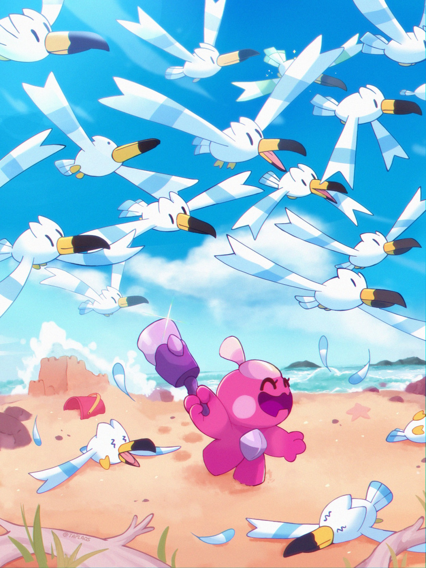 Safebooru - ^ ^ beach bird blue sky blush stickers bucket closed eyes ...