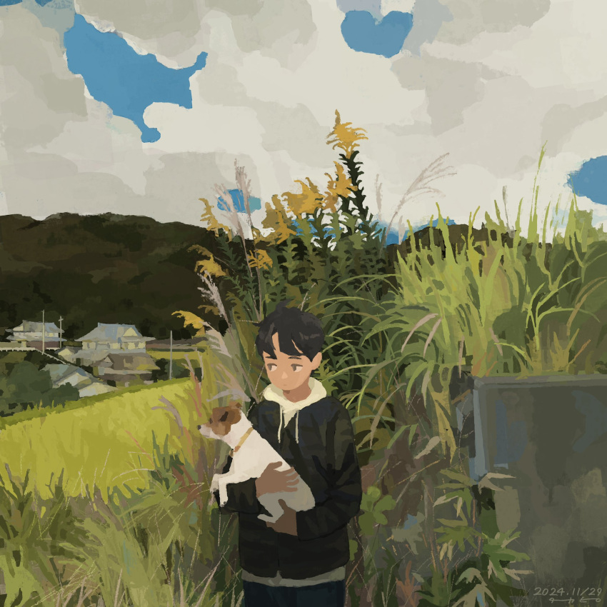 Safebooru - 1boy animal black hair black jacket blue sky building ...