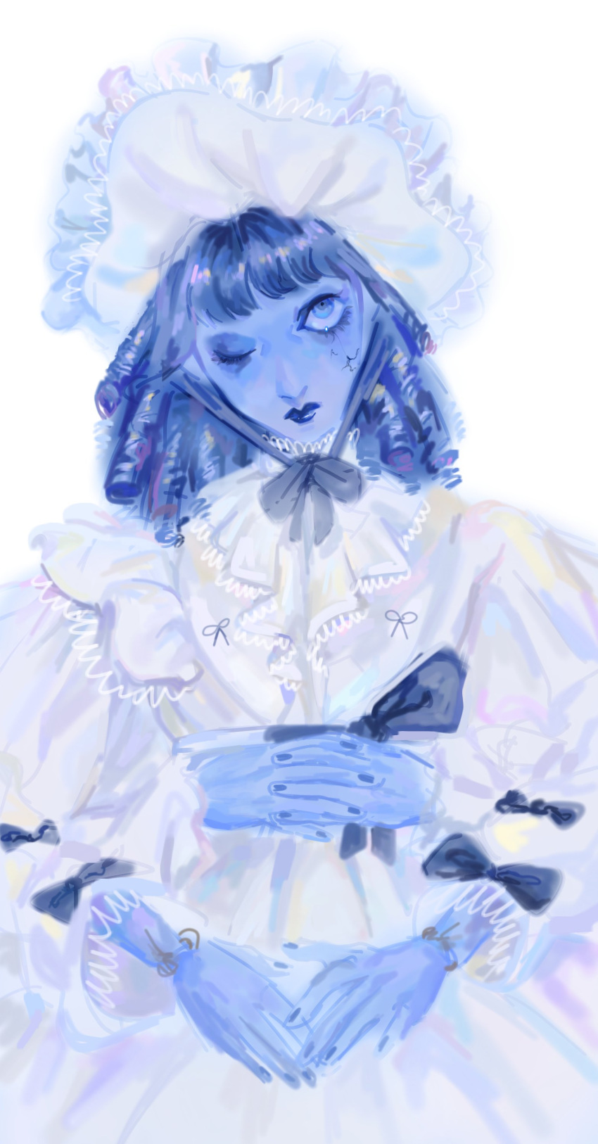 Safebooru - 1girl absurdres aureocaelo blue hair blue lips blue skin bonnet bow closed mouth ...