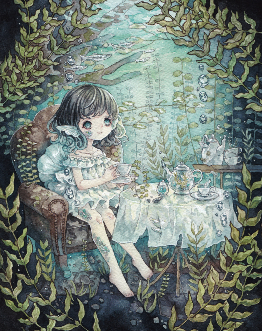 Safebooru - 1girl air bubble armchair barefoot blue eyes bubble chair commentary request cup ...