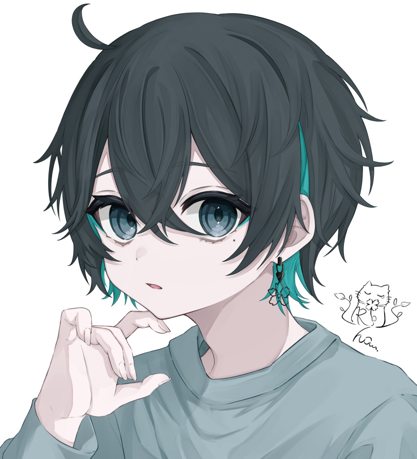 Safebooru - 1boy absurdres aqua eyes aqua hair black hair colored inner hair earrings grey shirt ...