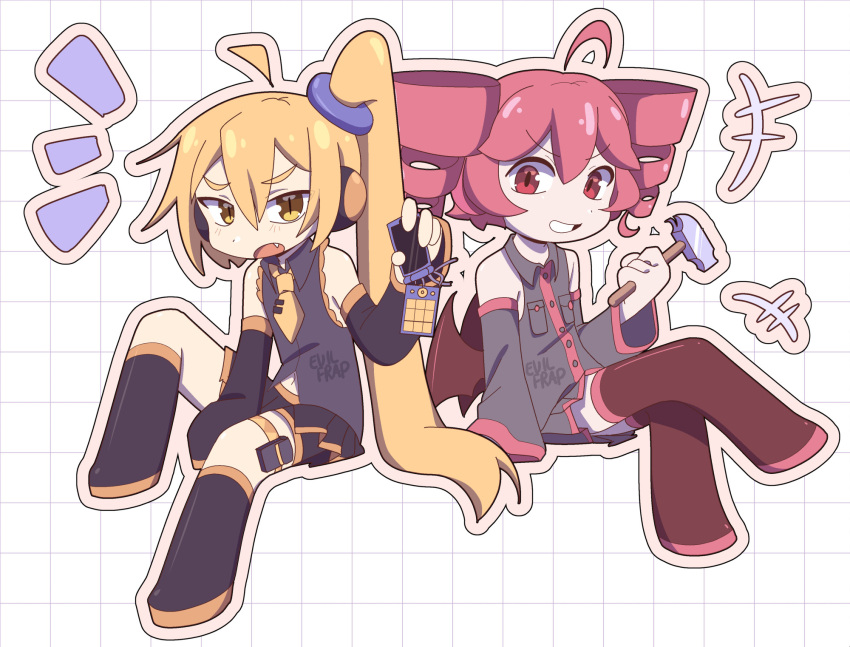 Safebooru - 2girls ahoge akita neru black boots blonde hair boots broken broken phone brown ...