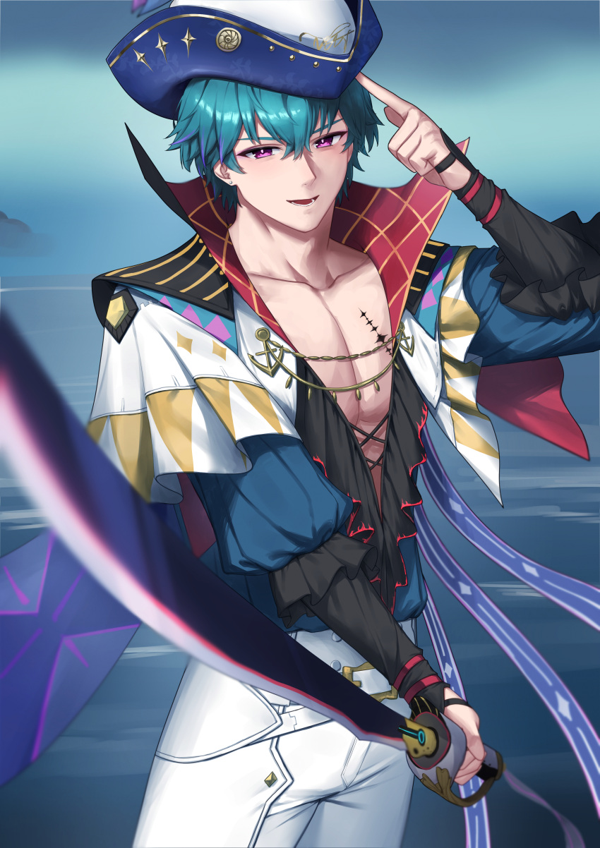 Safebooru - 1boy absurdres blue hair brant (wuthering waves) grey sky hat highres holding ...