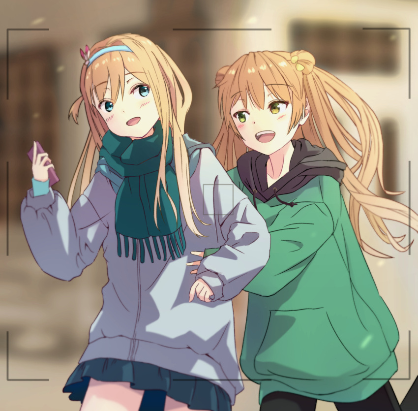 Safebooru - 2girls :d :o ammo21204760 bad anatomy bad hands black pants blue eyes blue skirt ...
