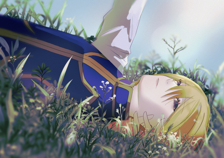 Safebooru - 1boy absurdres arm up blonde hair blue jacket blue sky ...