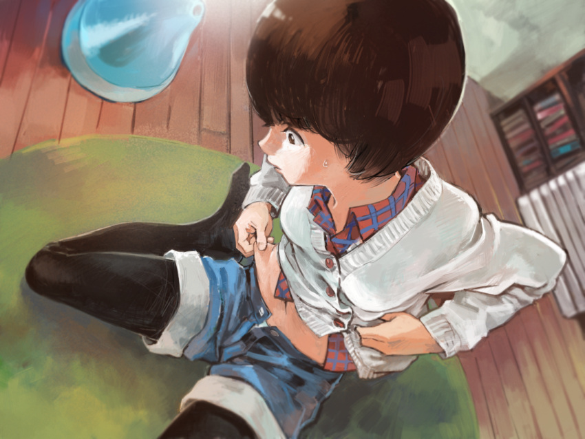 Safebooru - 1girl belly grab belly peek brown eyes brown hair denim denim shorts from above ...