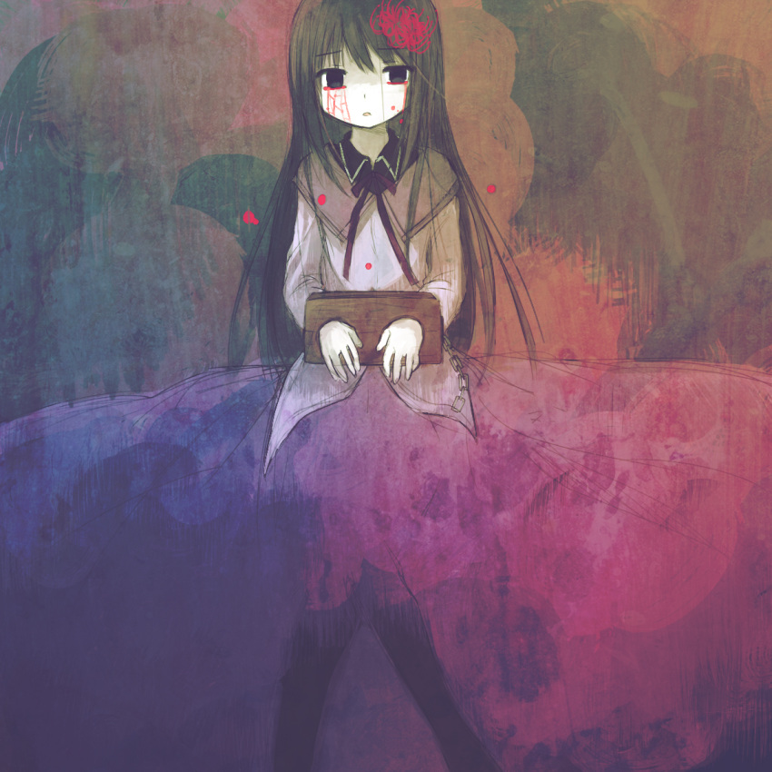 Safebooru - 1girl akemi homura black hair blood bloody tears boots chain hairband high heels ...