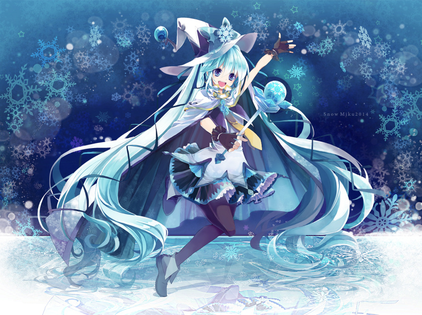 Safebooru - 1girl :d absurdly long hair aqua eyes aqua hair black gloves black legwear bow cape ...