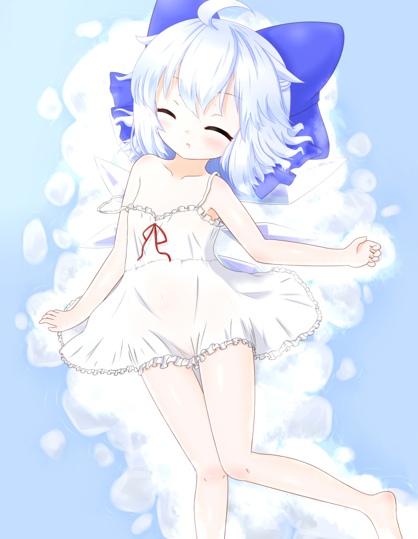 Safebooru - 1girl ahoge bare legs bare shoulders blue hair bow chemise cirno closed eyes hair ...