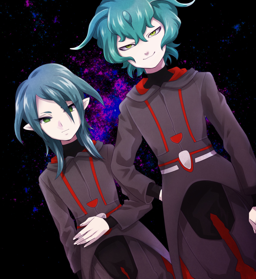 Safebooru - 2boys aqua hair bittowei ozurokku blue hair dutch angle ...