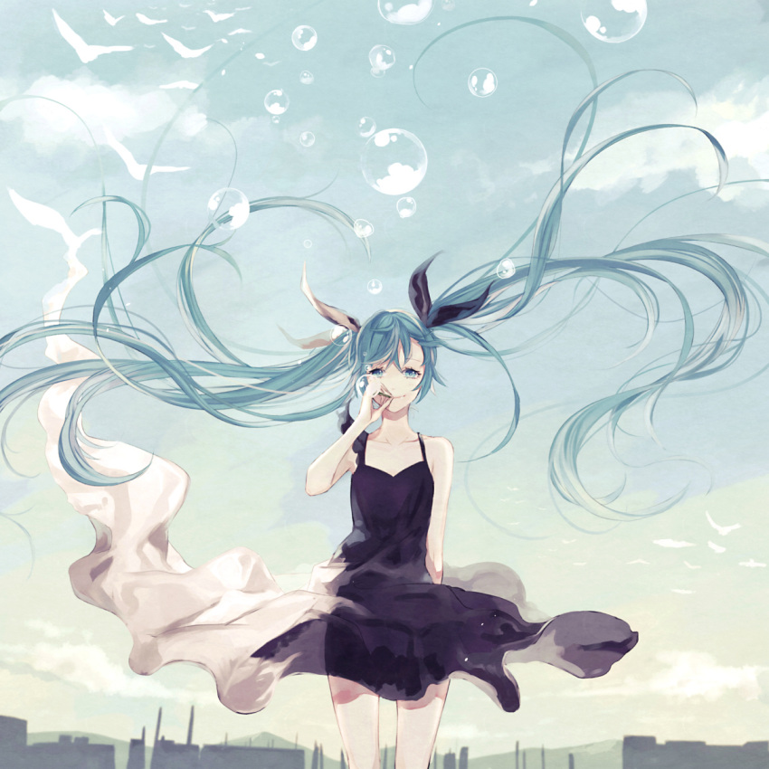 Safebooru - 1girl alternate costume aqua eyes aqua hair bird black dress blue sky bubble bubble ...
