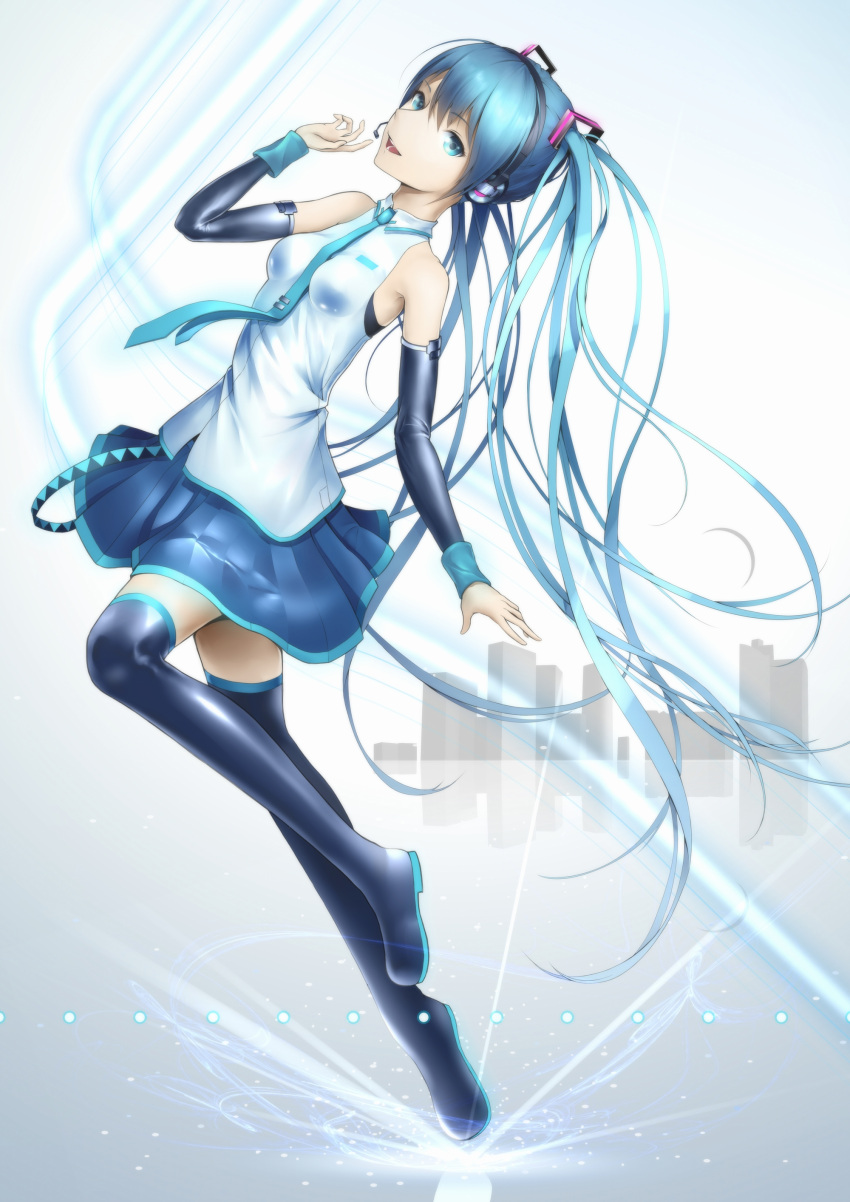 Safebooru - 1girl absurdres aqua eyes aqua hair boots detached sleeves hatsune miku headphones ...