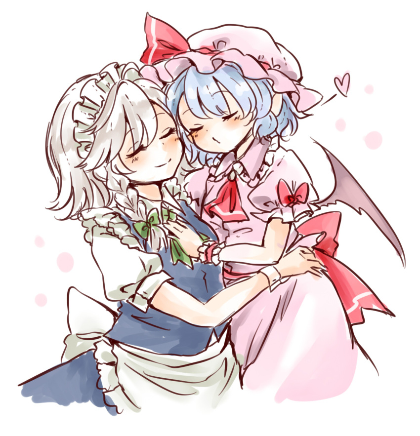 Safebooru - 2girls apron ascot bat wings blue dress blue hair blush bow braid closed eyes dress ...