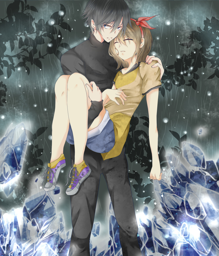 Safebooru - 1boy 1girl absurdres bangs black hair black shirt blue eyes brown hair carrying ...