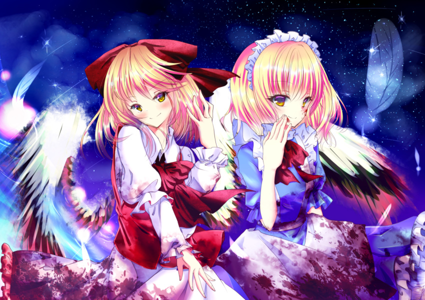 Safebooru - angel wings ascot blonde hair blood feathers frills gengetsu genmukai gradient eyes ...
