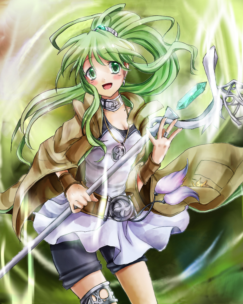 Safebooru - 1girl bike shorts blush breasts cleavage collar duel monster earrings green eyes ...