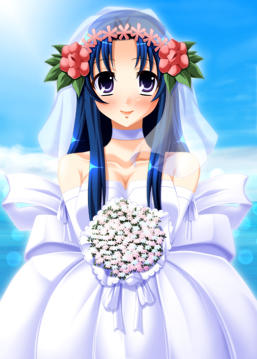 Safebooru - blue eyes blue hair bouquet bridal veil bride dress flower ...