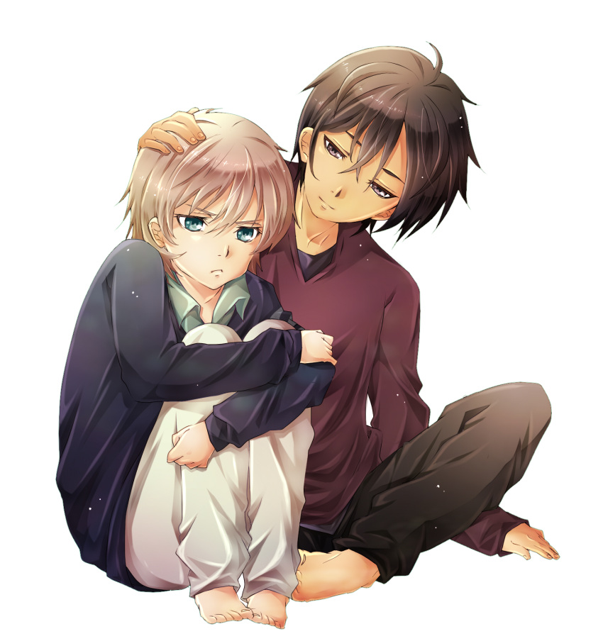 Safebooru 2boys Barefoot Black Hair Blonde Hair Blue Eyes Brown Eyes 3405