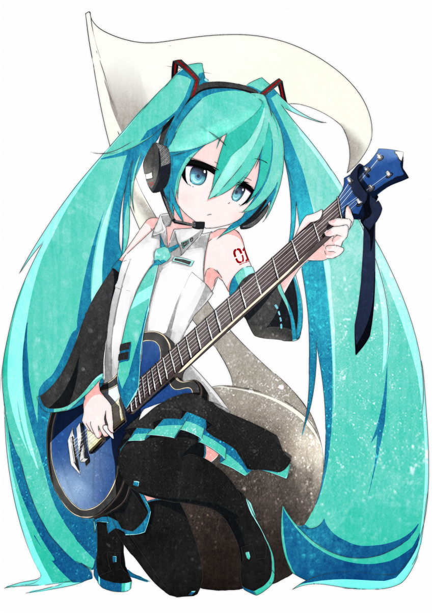 Safebooru - 1girl aqua eyes aqua hair boots detached sleeves electric guitar guitar hatsune miku ...