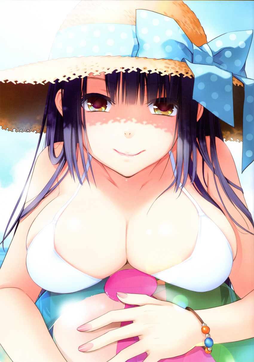 Safebooru - 1girl :0 absurdres ball beachball bikini blue hair bracelet breast press breasts ...