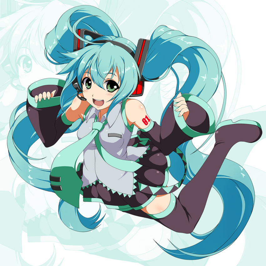 Safebooru - 1girl aqua eyes aqua hair black legwear blush boots detached sleeves hatsune miku ...