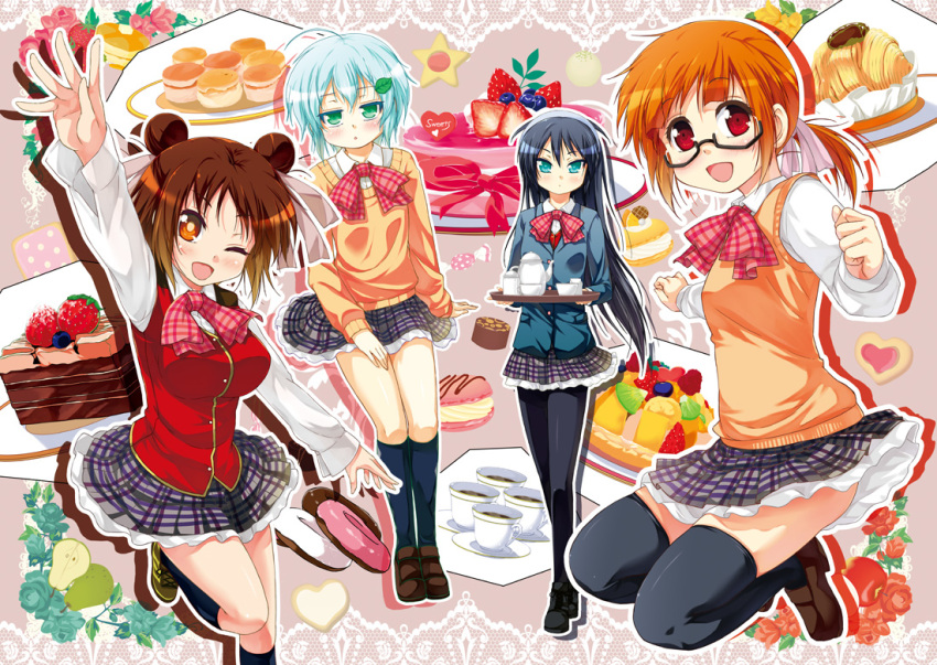 Safebooru - 4girls black legwear blush brown eyes brown hair cake food glasses green eyes green ...