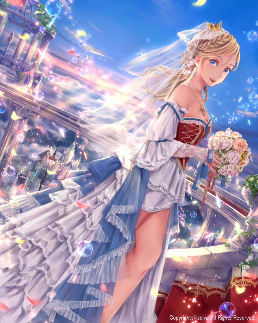 Safebooru 1girl Bare Shoulders Blonde Hair Blue Eyes Bouquet Braid 6828