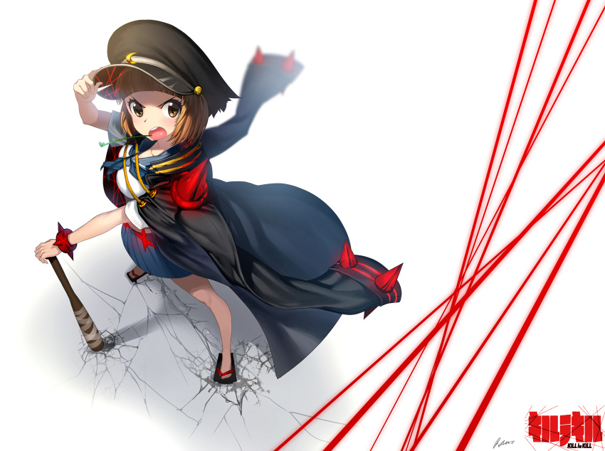 Safebooru - 1girl banchou baseball bat brown eyes brown hair coat on ...
