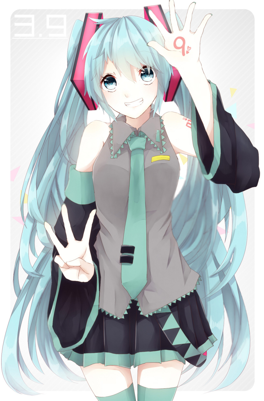 Safebooru - 1girl aqua eyes aqua hair detached sleeves hatsune miku highres long hair naju0517 ...