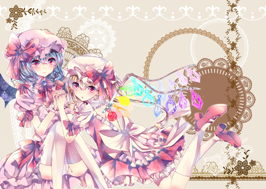 Safebooru - 2girls ascot bat wings blonde hair blue hair blush bow flandre scarlet frills ...