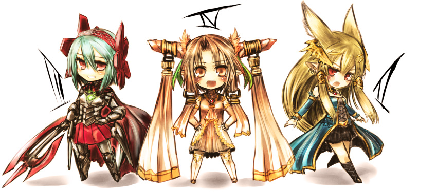 Safebooru - blonde hair blush chibi green hair grin hand on hip hands ...