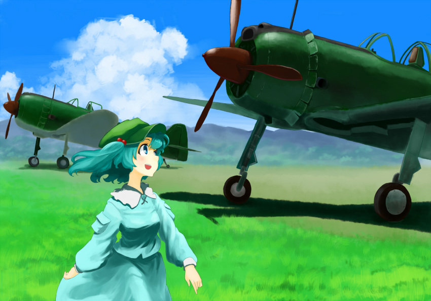 Safebooru - 1girl :d airplane aqua eyes aqua hair capelet clouds ...