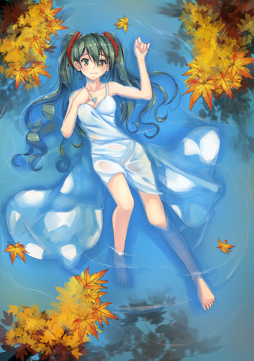 Safebooru - 1girl dress green eyes green hair hatsune miku highres leaf ...