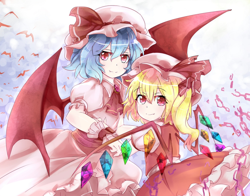 Safebooru - 2girls ascot bat wings blonde hair blue hair bow flandre scarlet hat multiple girls ...