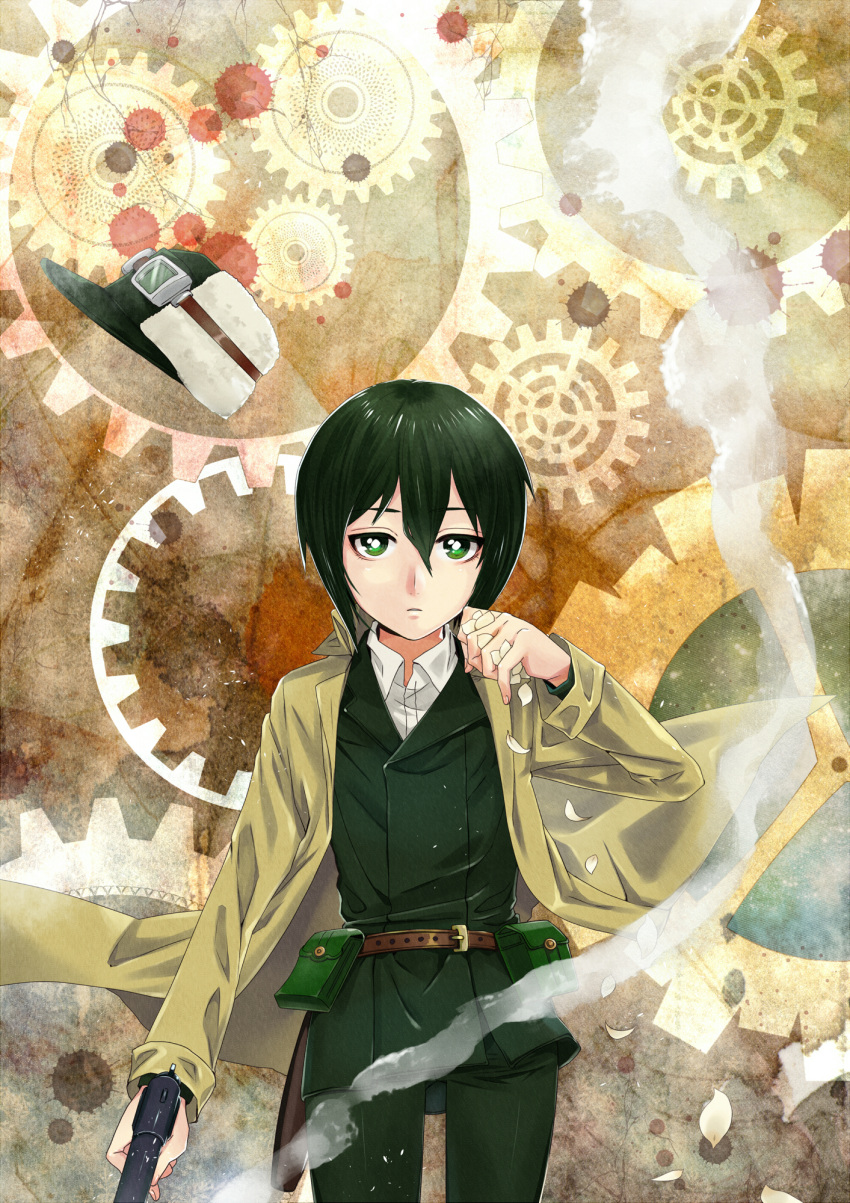 Safebooru - 1girl androgynous black hair blood coat fur hat gears gun ...