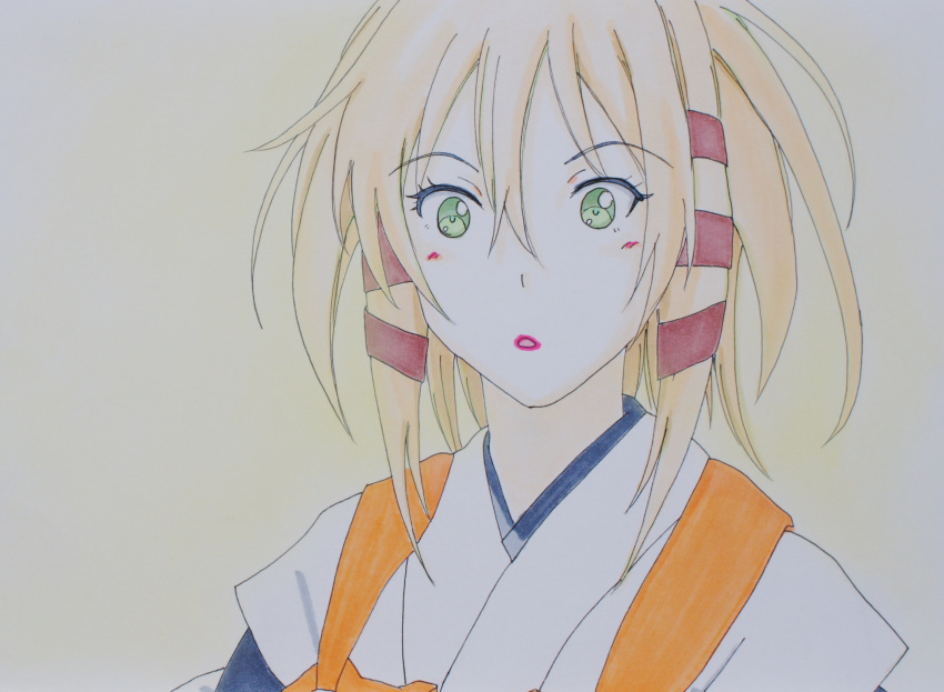 Safebooru - 1girl blonde hair green eyes hair ribbon highres inari ...