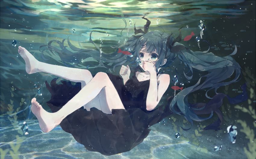 Safebooru - 1girl barefoot bou shaku bubble dress green eyes green hair ...