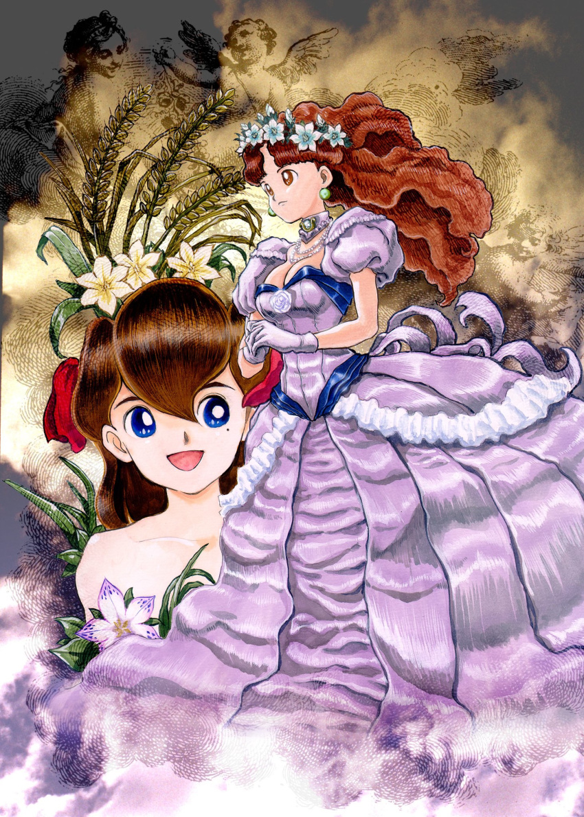 Safebooru - 2girls brown hair dress flower olive oyl princess maker 2 ...