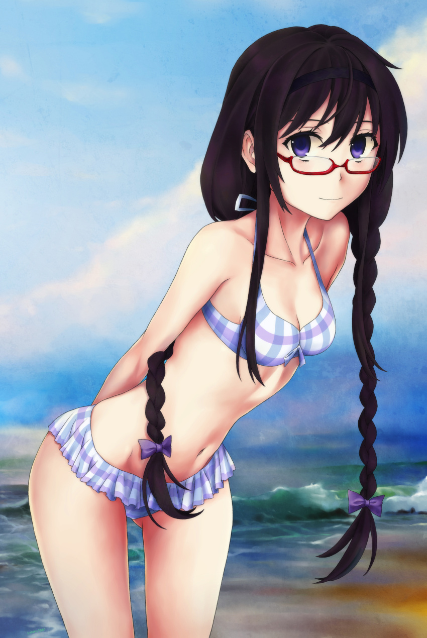 Safebooru - 1girl akemi homura arms behind back artist name beach bikini black hair blue eyes ...
