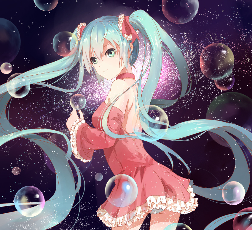 Safebooru - 1girl aqua eyes aqua hair bubble hatsune miku highres long hair panties solo striped ...