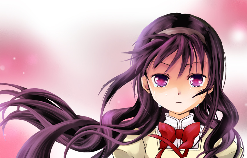 Safebooru - 1girl akemi homura black hair bow cocopazu crying hairband highres long hair looking ...