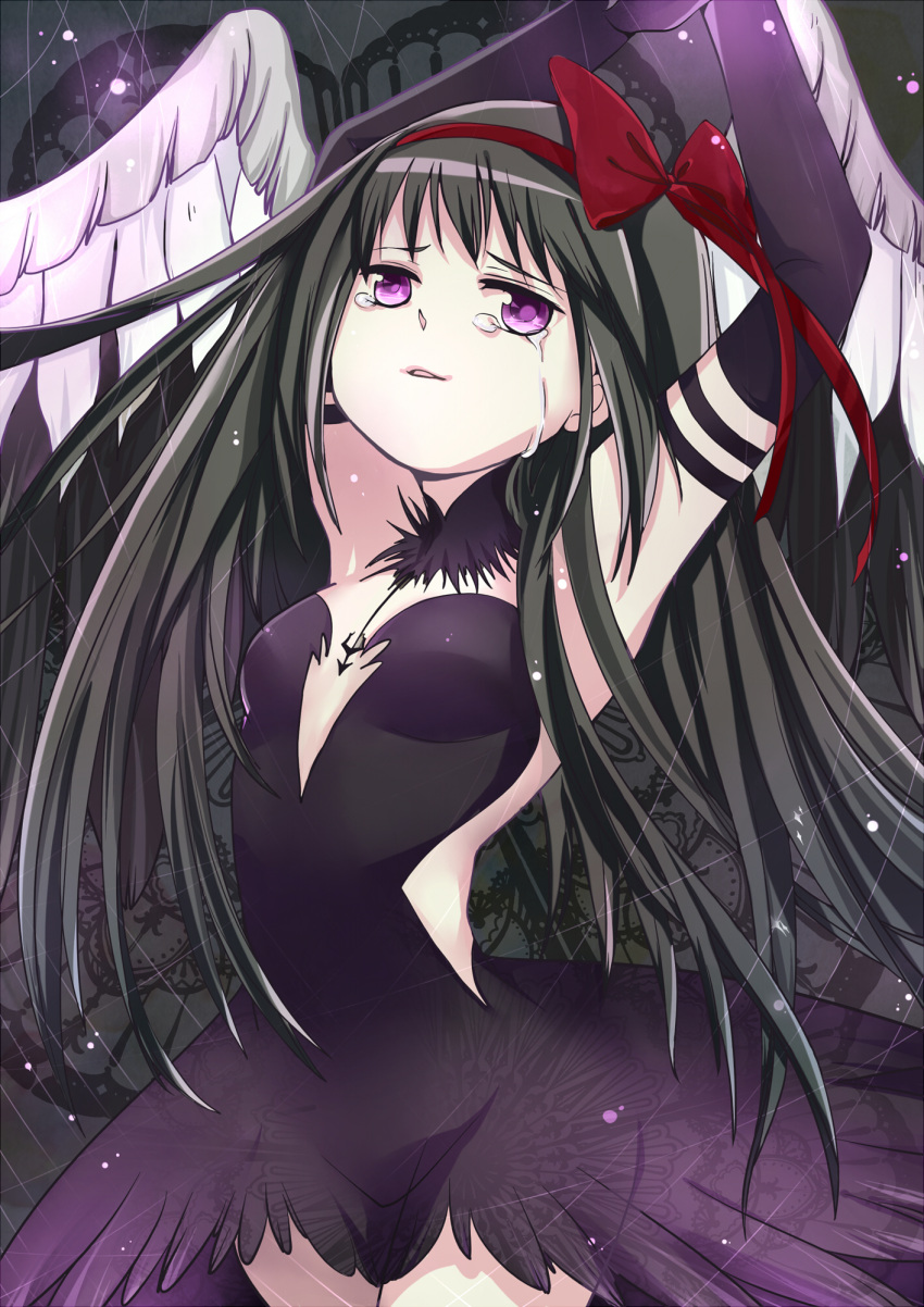 Safebooru - 1girl akemi homura akuma homura bare shoulders black hair bow choker crying dress ...