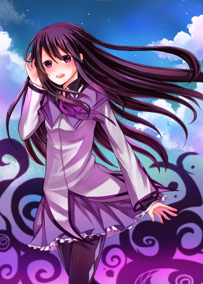 Safebooru - 1girl absurdres akemi homura black hair clouds hair tucking highres long hair ...