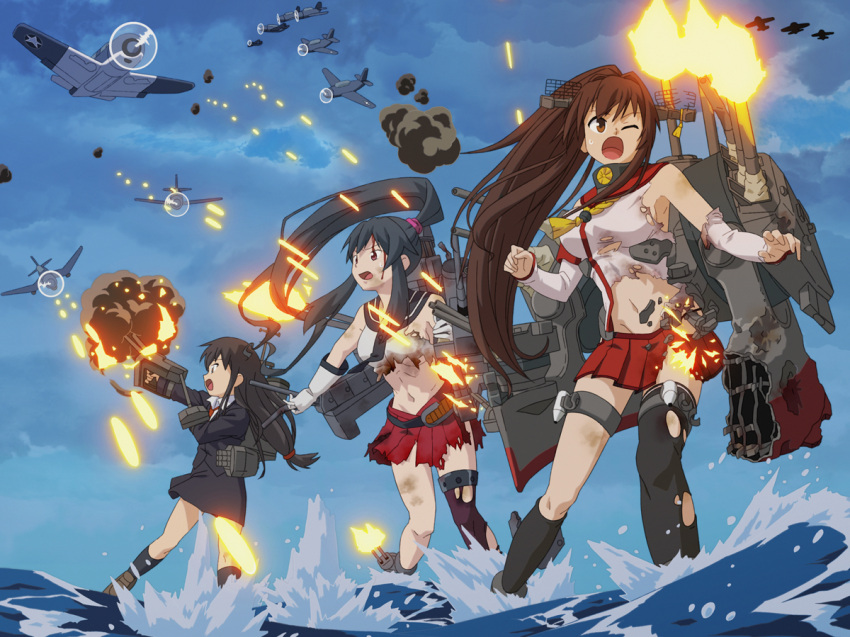 Safebooru - 1girl 3girls airplane anchor anime coloring black hair ...