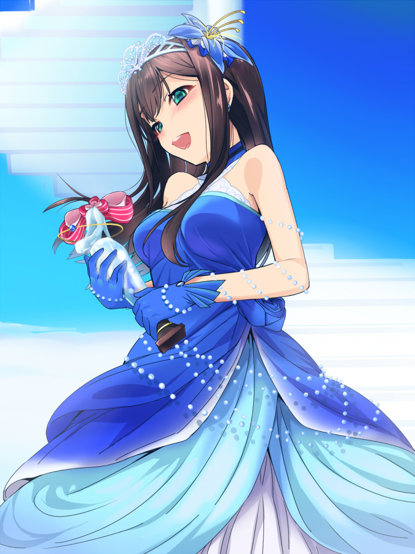 Safebooru - 1girl bare shoulders blue dress blue gloves blush breasts brown hair dress flower ...