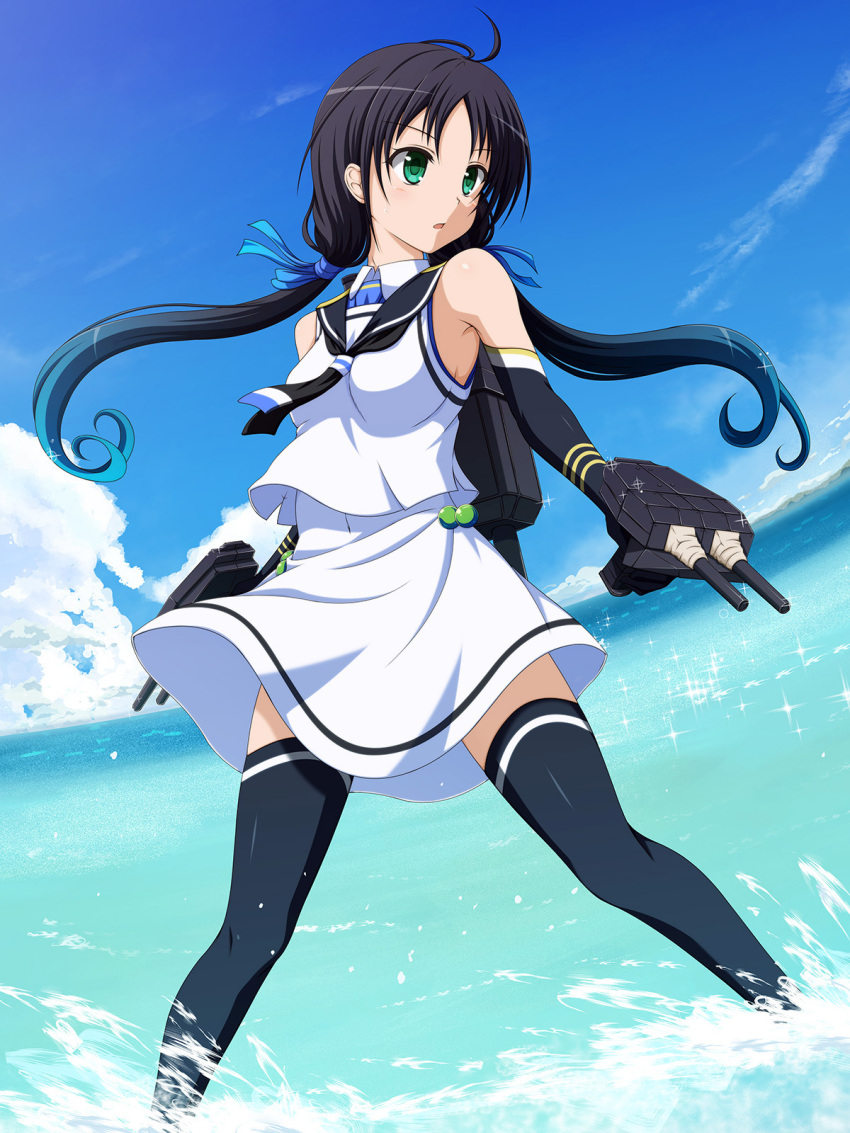 Safebooru - 1girl ahoge bare shoulders black hair black legwear clouds ...