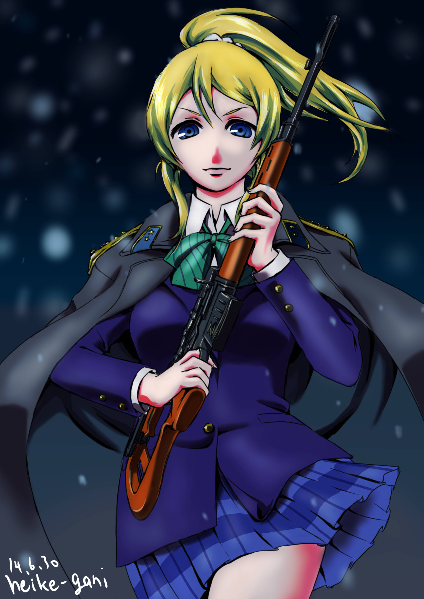 Safebooru - 1girl absurdres ayase eli blonde hair blue eyes bow gun heike gani highres jacket on ...