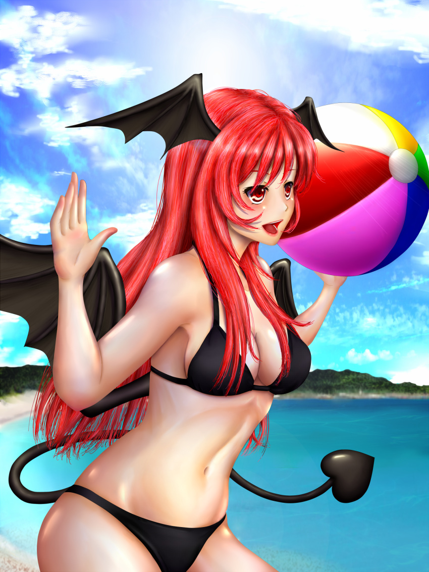 Safebooru - 1girl alternate costume armpits ball beach beachball bikini black bikini blue sky ...