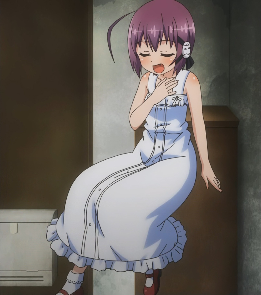 Safebooru - 1girl ahoge blush closed eyes dress fang flying hair ...