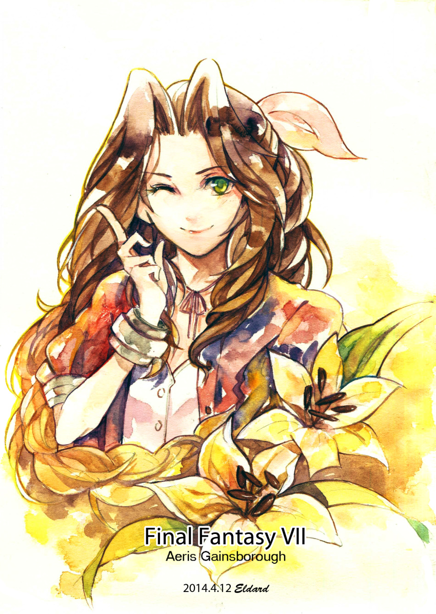 Safebooru - 1girl absurdres aerith gainsborough bangs bracelet braid brown hair character name ...